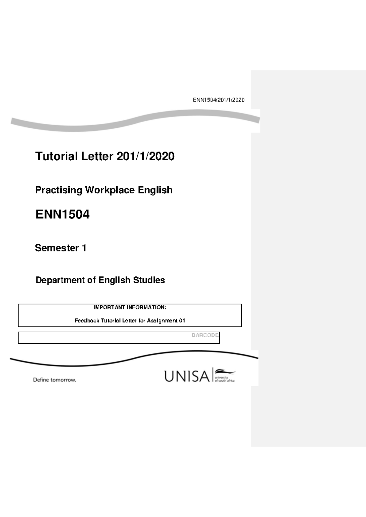 ENN1504 2020 201 TL 1 Assignment 01 Feedback and Suggestions - Studocu