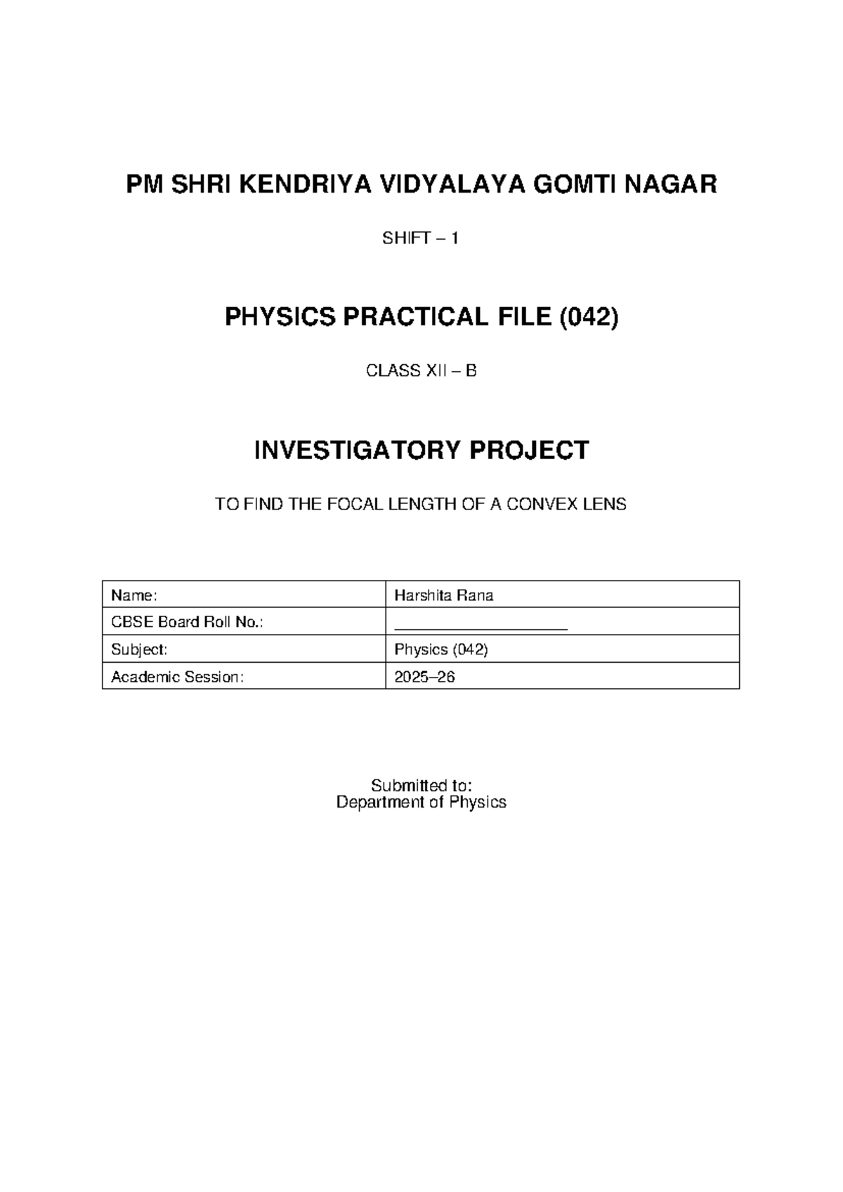 Physics Practical Convex Lens First Page and Diagram - Physics Class 12 ...