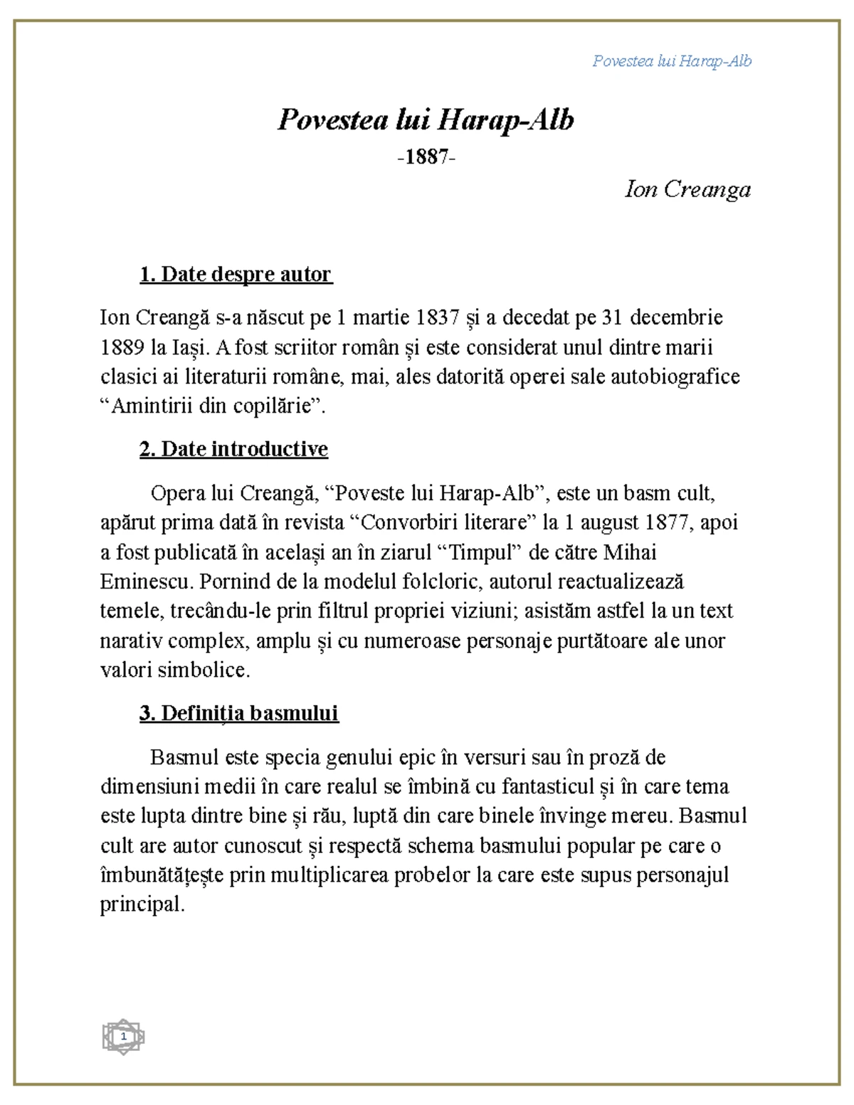 Eseuri pe tema "Povestea lui Harap - Alb" de Ion Creangă (LT123) - Studocu