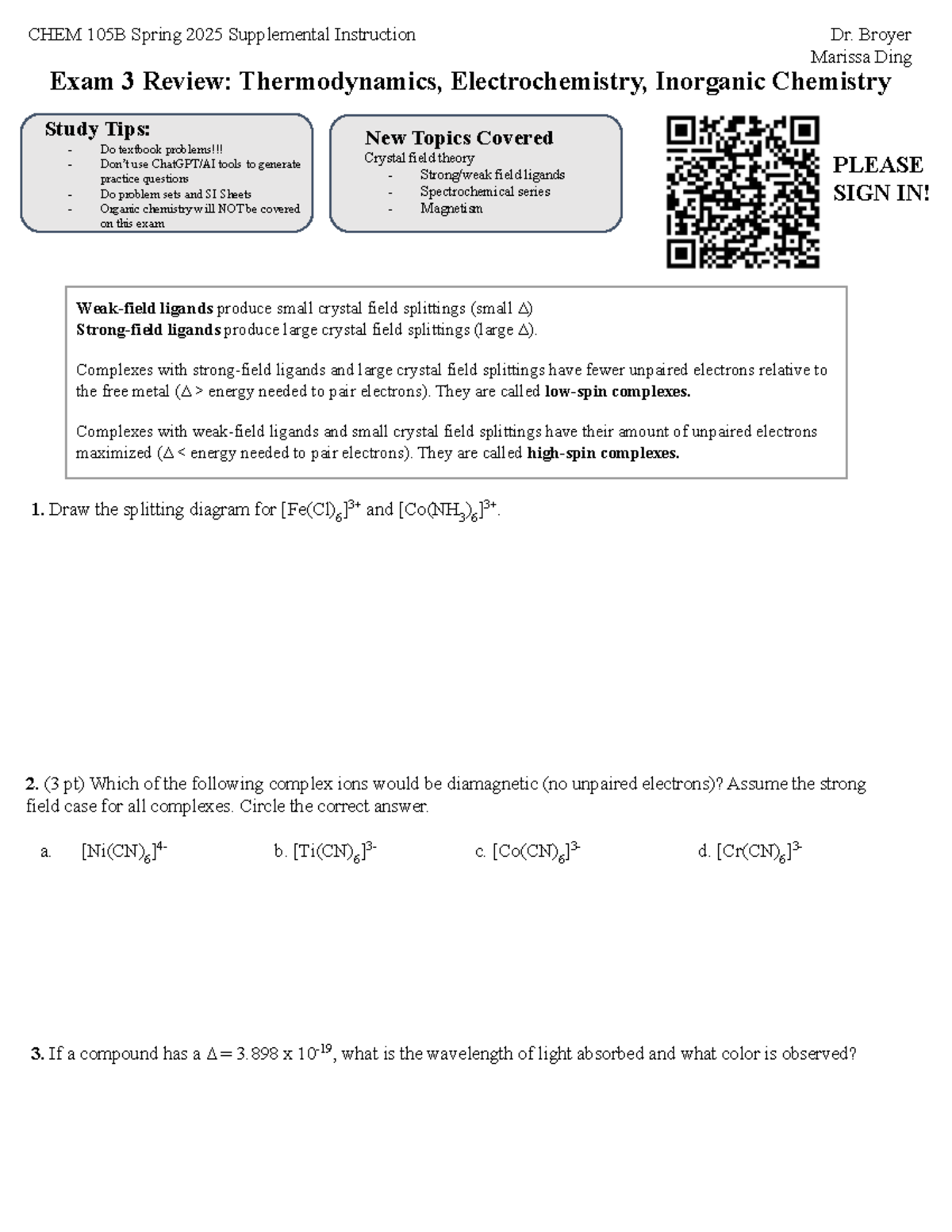 CHEM 105B Spring 2025 Exam 3 Review: Thermodynamics & Electrochemistry ...