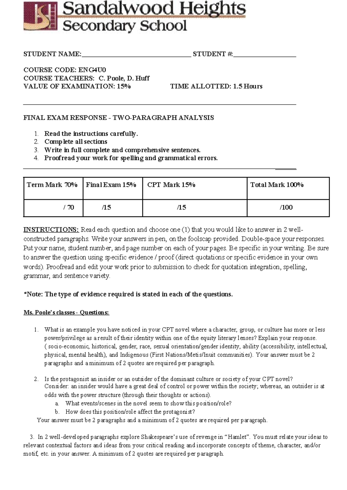ENG4U Final Exam Paragraphs - STUDENT NAME: STUDENT #: COURSE CODE ...
