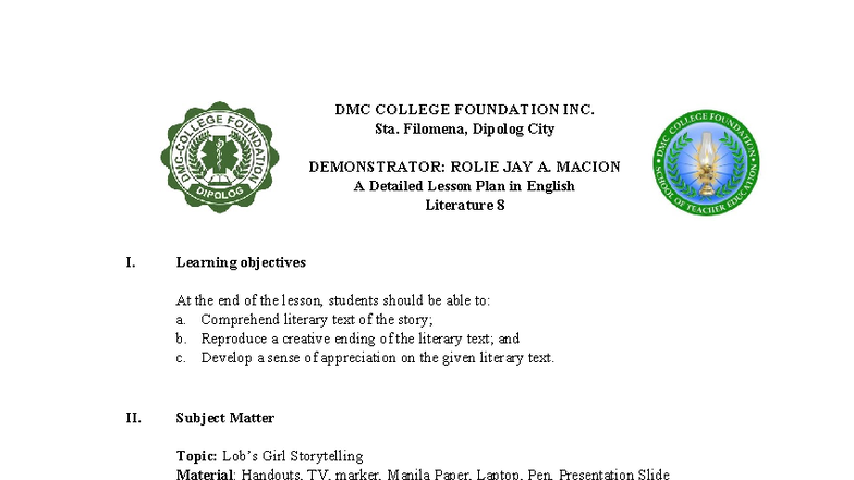 DLP-8 English Literature: Lesson Plan on "Lob's Girl" Storytelling ...