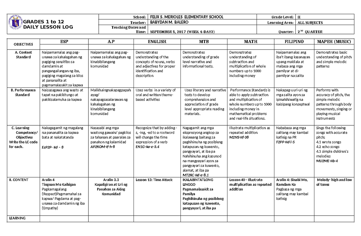 Dll all-subjects-2 q2 w4 d2 - GRADES 1 to 12 DAILY LESSON LOG School: FELIX S. MERIOLES ...