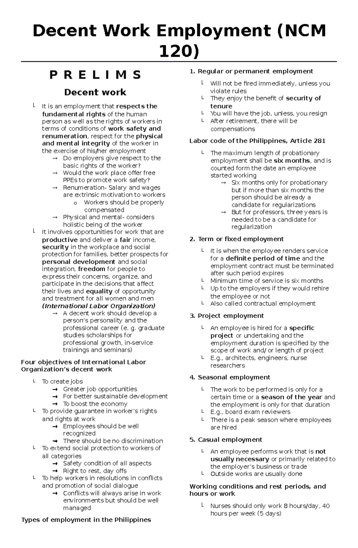 Decent Work and Employment in Transcultural Nursing (NCM 120) - Studocu