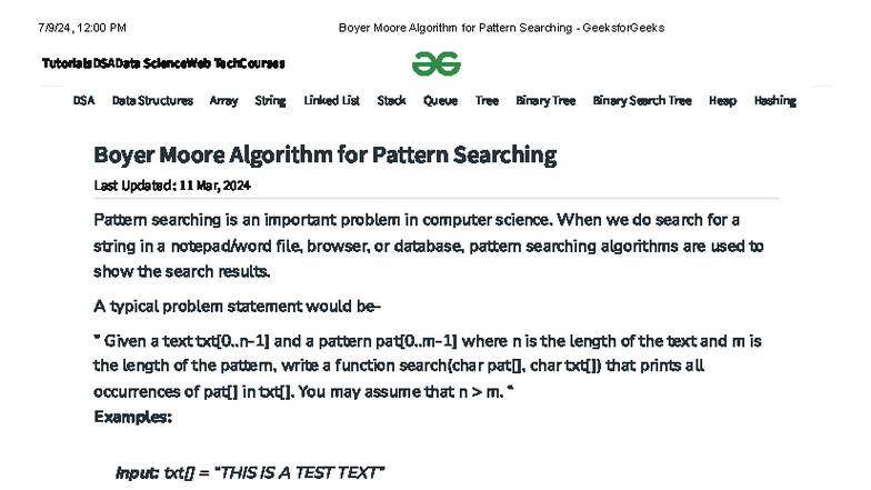 Boyer Moore Algorithm for Pattern Searching - DSA 12:00 PM - Studocu