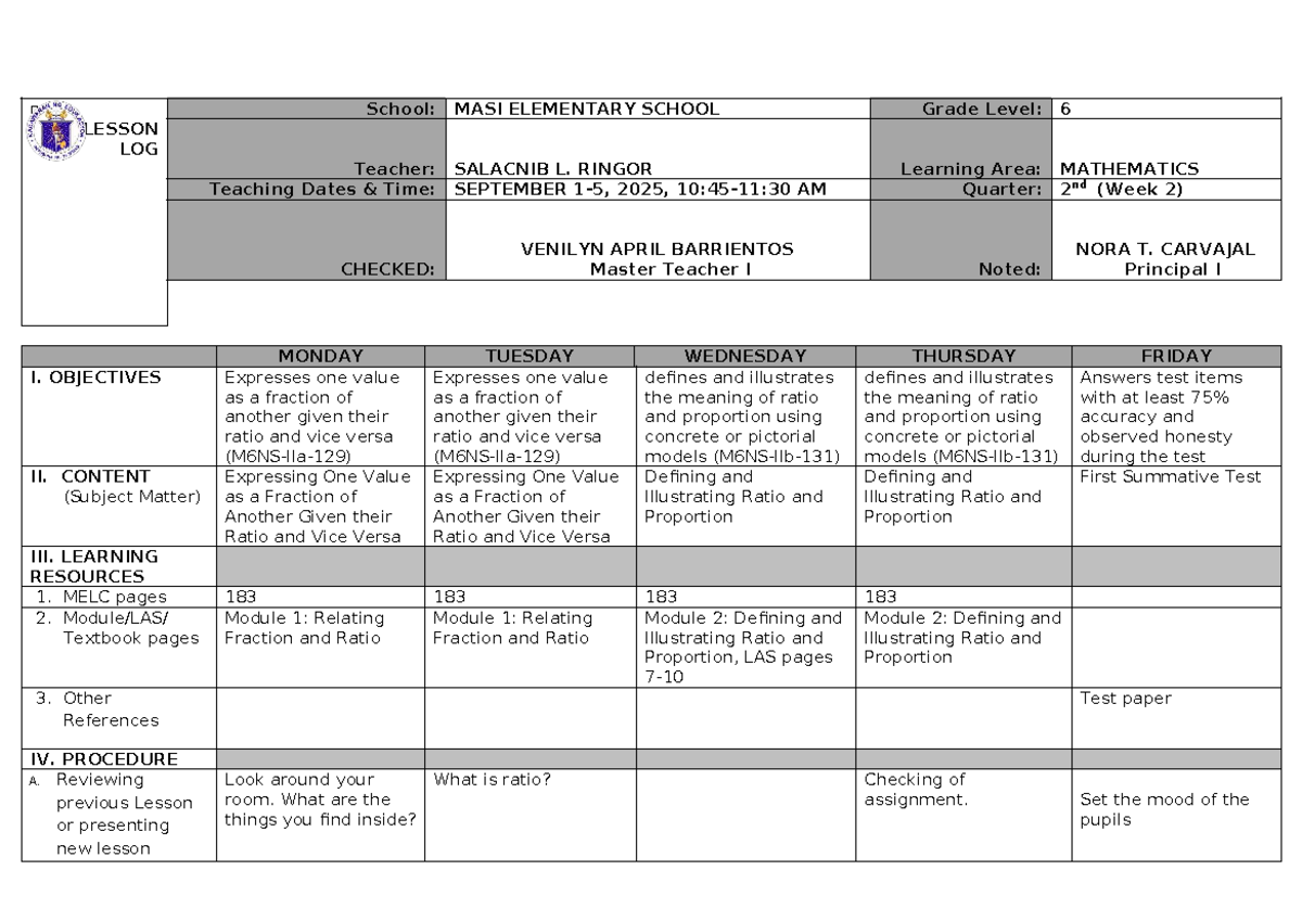 Mathematics 6 Q2 Week 2 Daily Lesson Log - Ratio & Proportion - Studocu