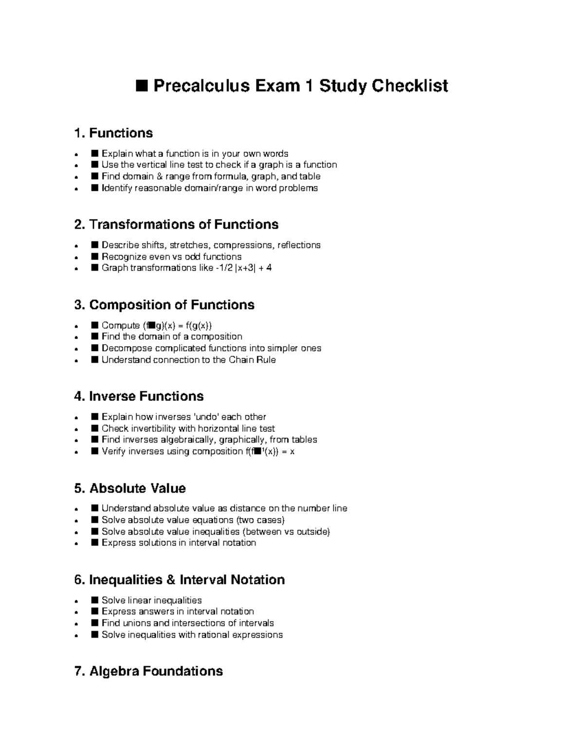 Precalculus Exam 1 Study Guide: Functions & Transformations - Studocu