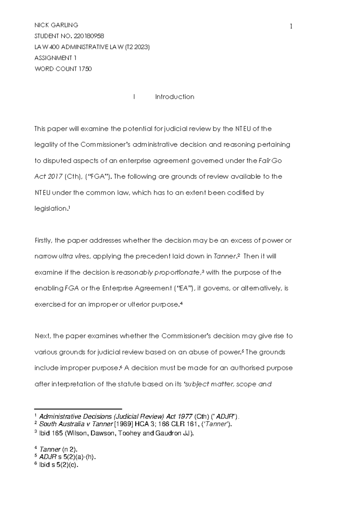 Admin Law 400 - Nick Garling- Final-Assignment 1 - T2 2023 - STUDENT NO ...