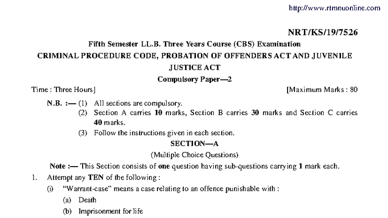 Fifth Semester LL.B. (CBS) Exam: Criminal Procedure Code & Juvenile ...