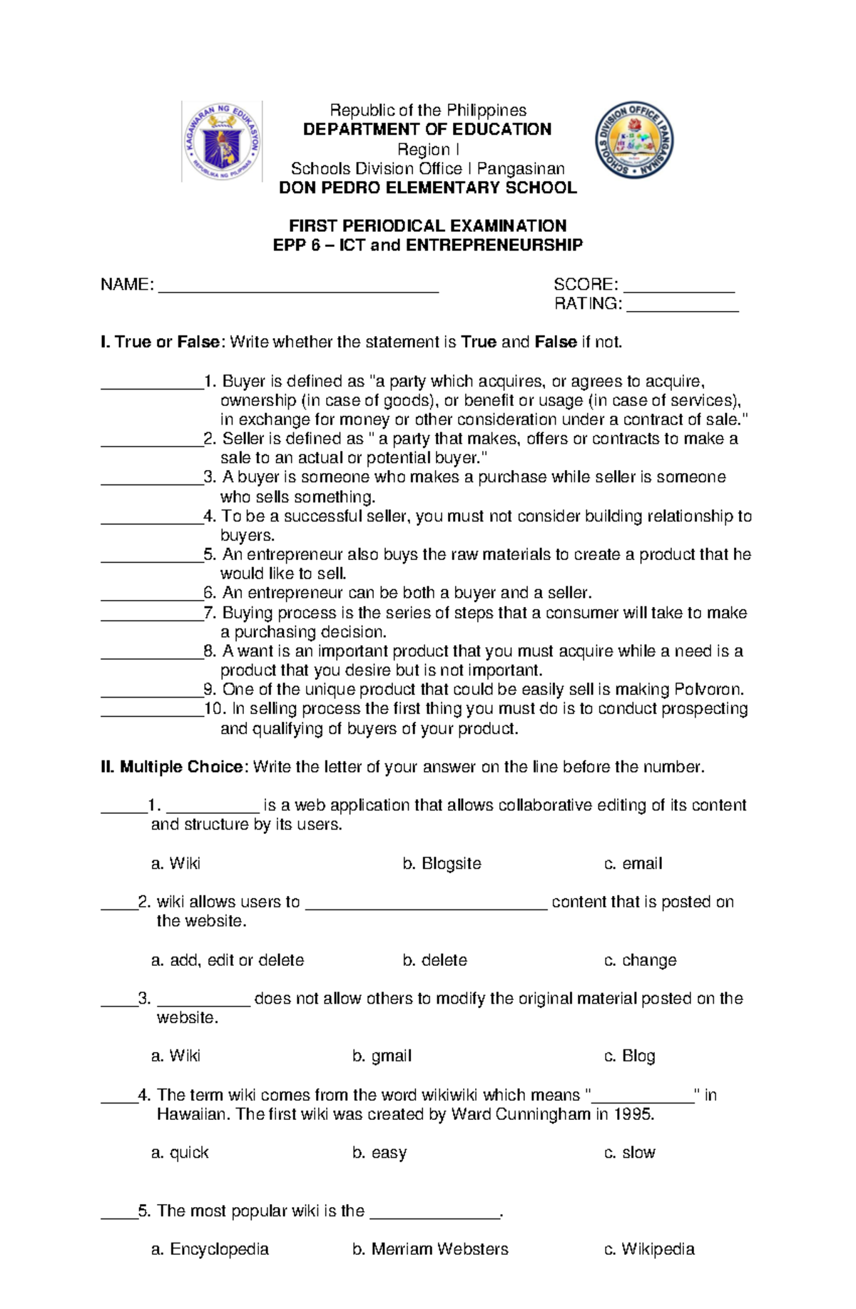 EPP 6 ICT and Entrepreneurship First Periodical TEST Questions WITH ...
