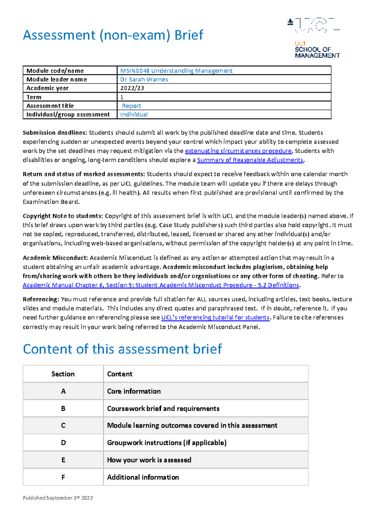 MSIN0048 Term 1 - Assessment 1 Brief 2022-23: Individual Report - Studocu