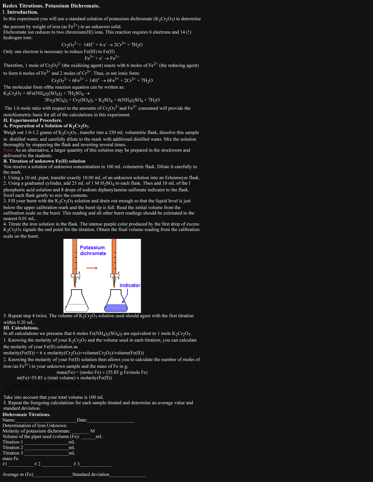 Potassium Dichromate Redox Titration Experiment: Iron Quantification ...