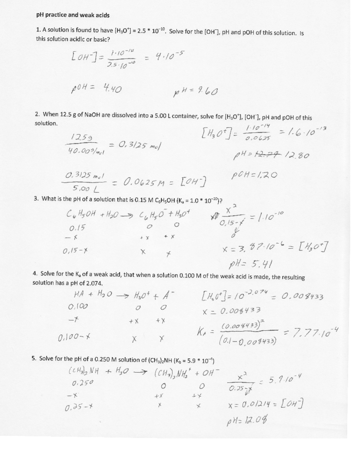 CHEM L2I2: pH Practice Problems for Weak Acids and Solutions - Studocu