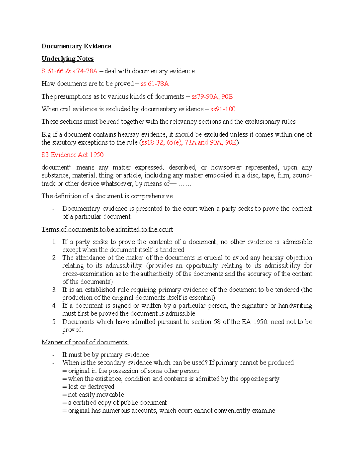 Evidence Law Notes: Documentary Evidence & Best Practices (Course Code ...