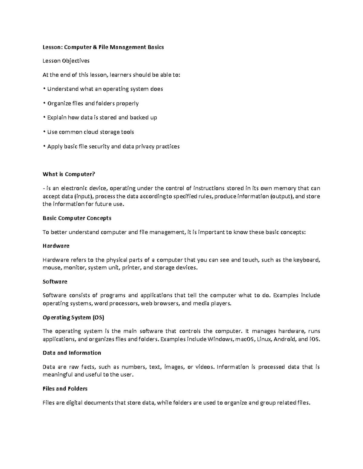 Lesson: Computer File Management Basics (CS101) - Studocu