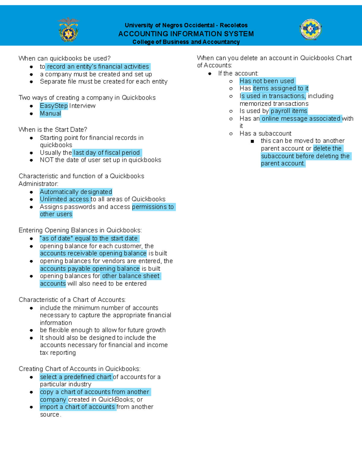 Quickbooks Midterm Study Notes - ACCOUNTING INFORMATION SYSTEM - Studocu