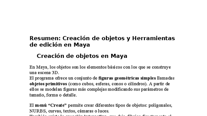 Resumen: Creación de Objetos y Herramientas en Maya Gen3D M3-M4 - Studocu