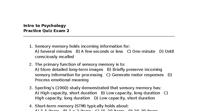 Intro to Psychology PSY101: Practice Quiz Exam 2 on Memory Concepts ...