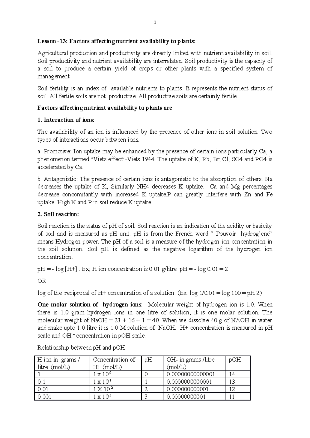 Lesson 13: Factors Influencing Nutrient Availability in Soil - Studocu