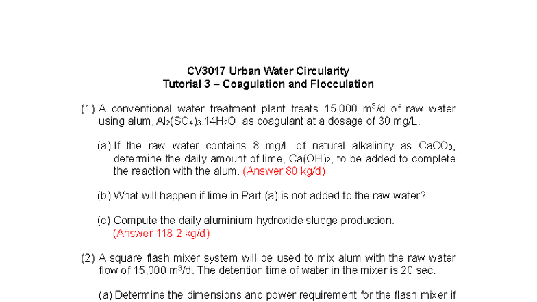 CV3017 Urban Water Circularity Tutorial 3: Coagulation & Flocculation - Studocu