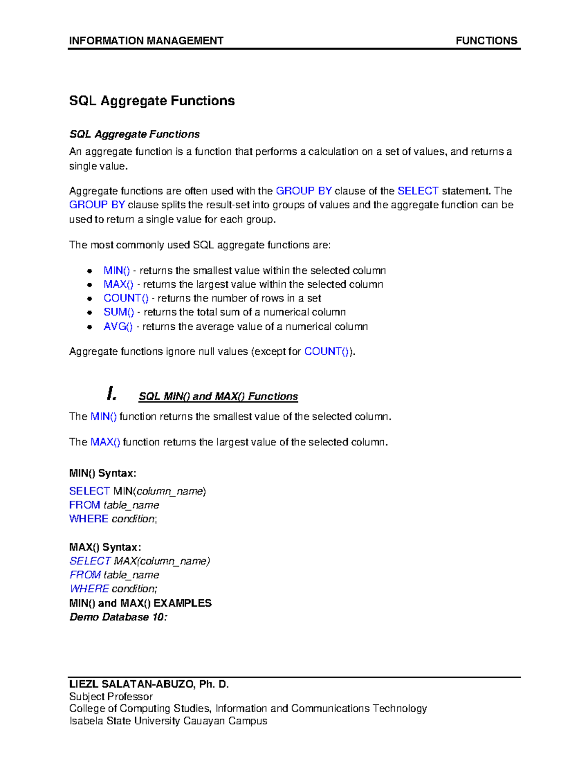 SQL Aggregate Functions Overview and Examples for CS101 - Studocu
