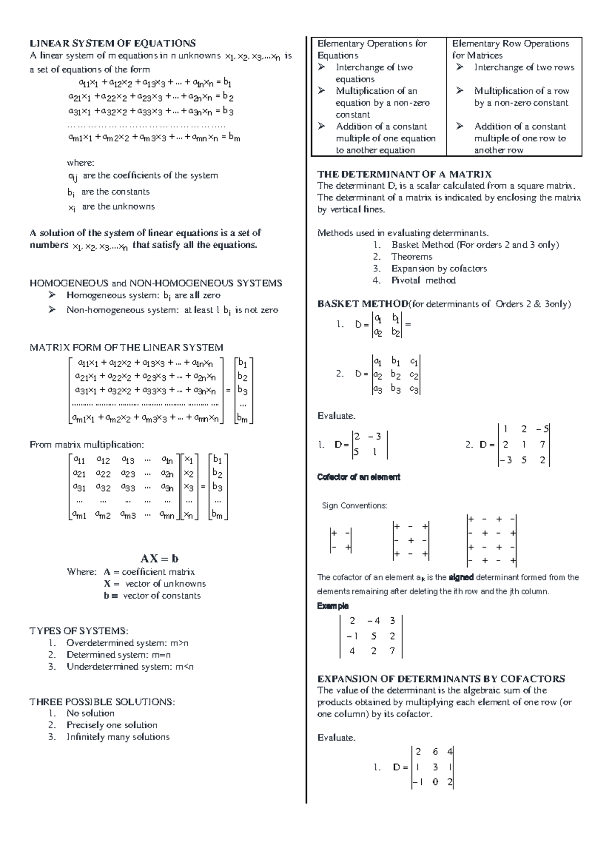 MATH 101 - Module 2: Lesson 1 - Linear Systems & Determinants - Studocu