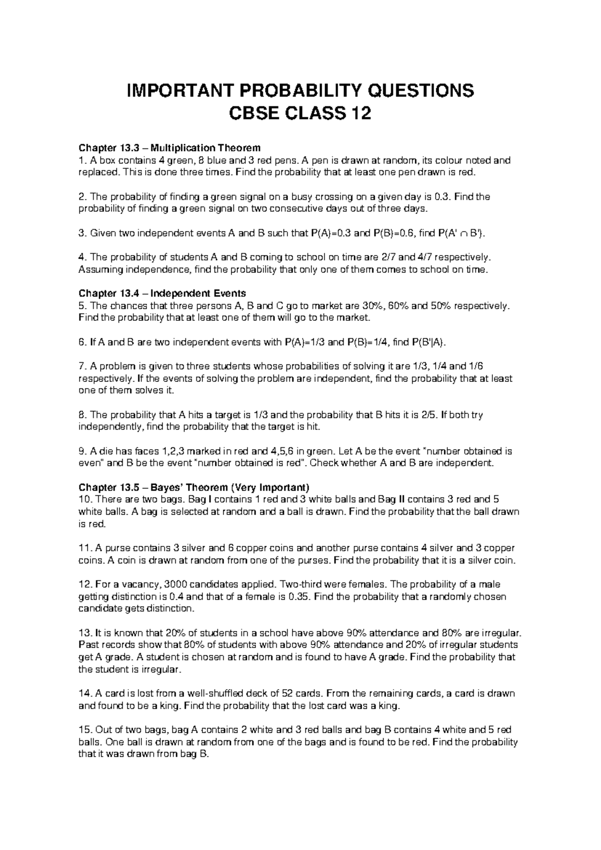 Important Probability Questions CBSE Class 12 - Chapters 13.3 to 13.5 ...