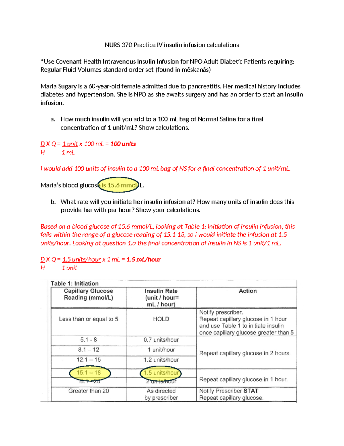 Practice IV insulin infusion calculations - Maria Sugary ( Answers ...