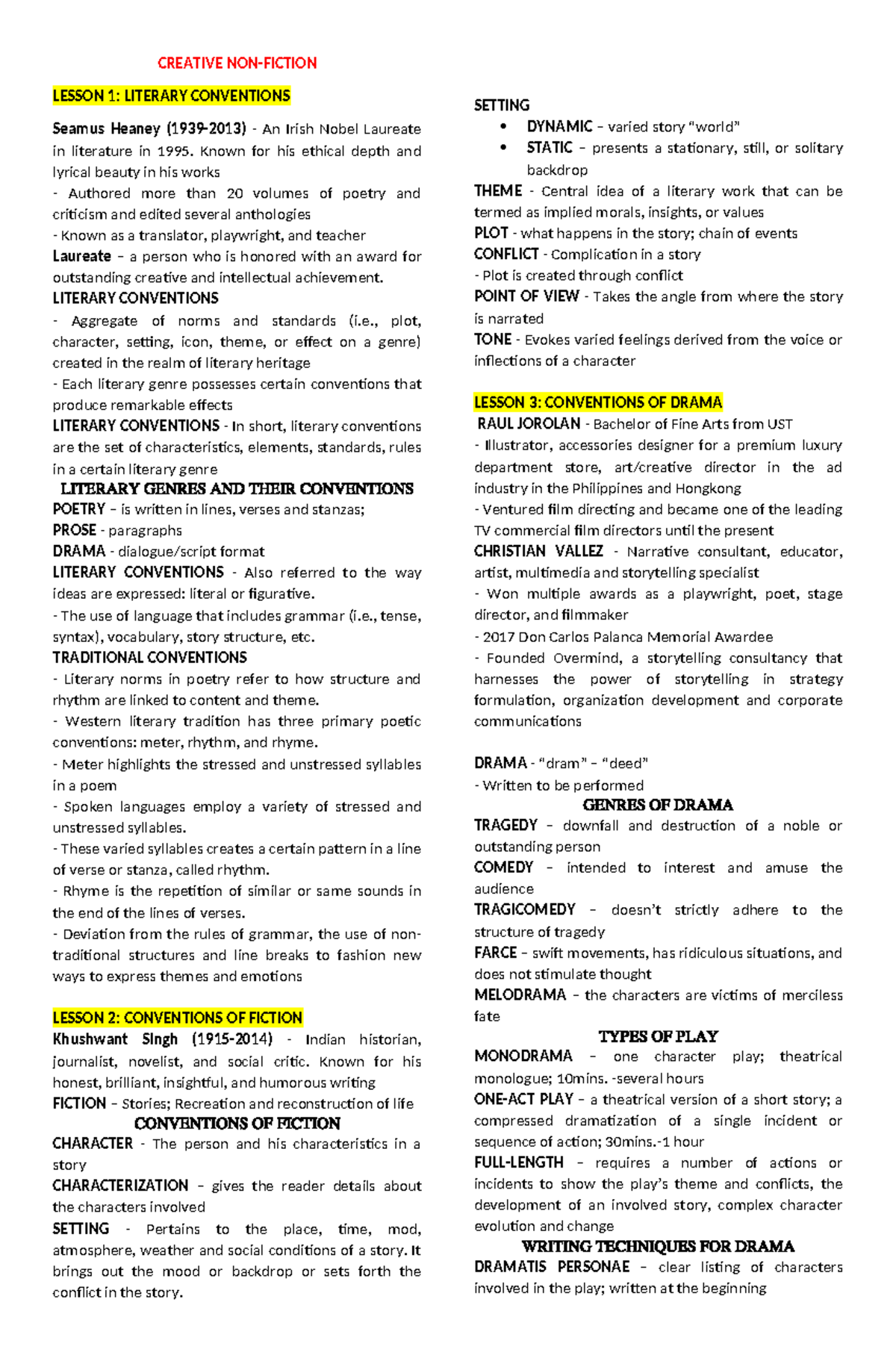 CREATIVE LESSON 1: LITERARY CONVENTIONS & GENRES - Studocu