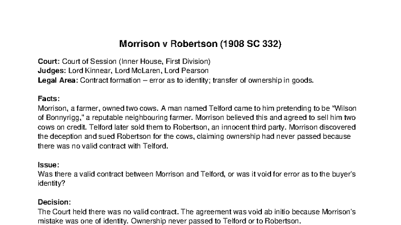 Morrison v Robertson (1908 SC 332) - Case Brief on Contract Error - Studocu