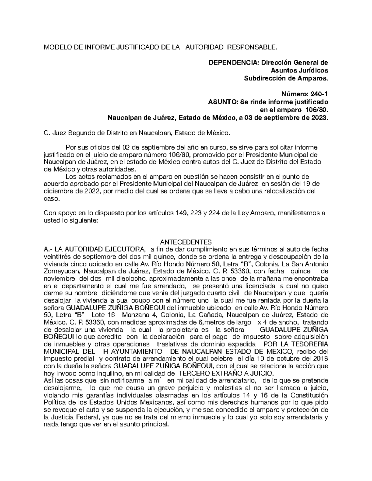 Informe Justificado - Amparo 106/80 y Desalojo en Naucalpan - Studocu
