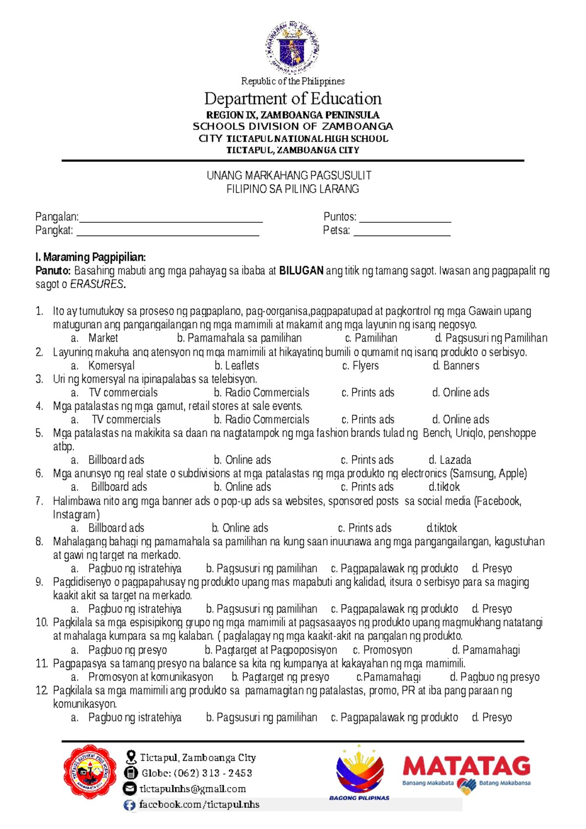 1st quarter exam filipino 12 - Department of Education REGION IX ...