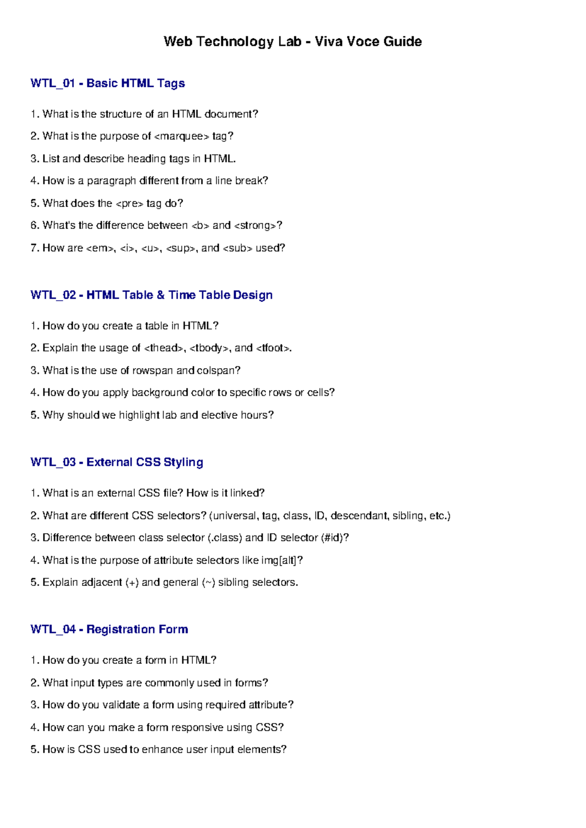 Web Technology Lab Viva Voce Guide WTL_01 to WTL_09 Overview - Studocu