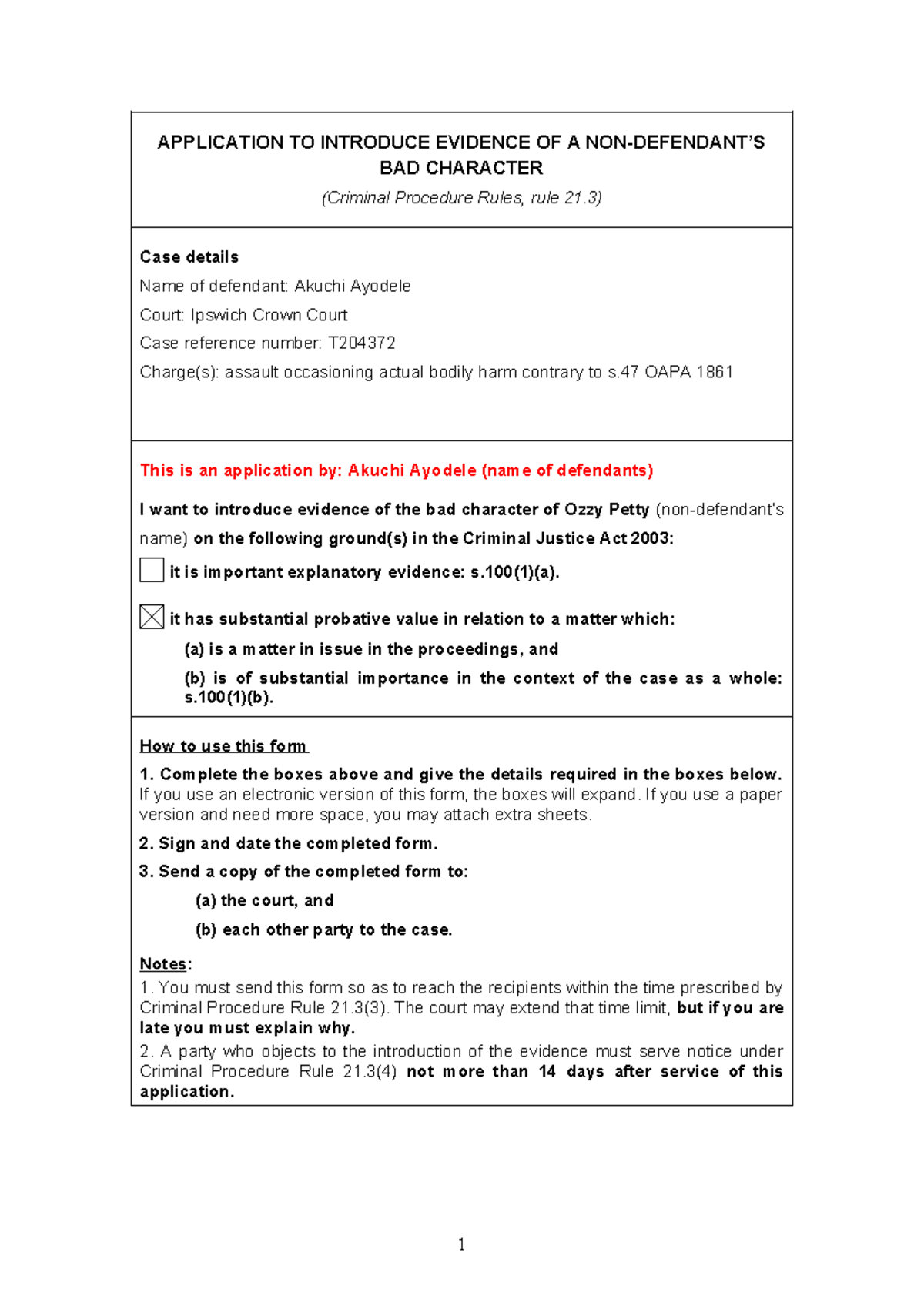 APPLICATION TO INTRODUCE EVIDENCE OF BAD CHARACTER (CLP) - Studocu