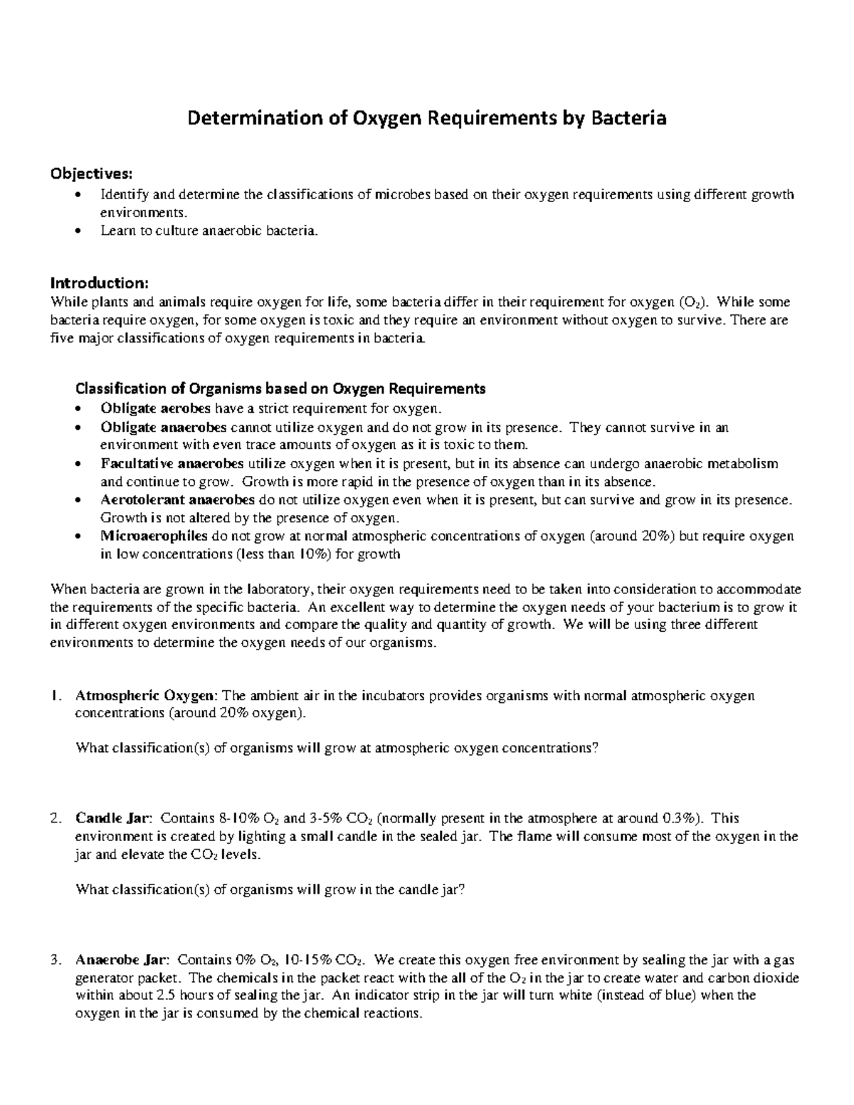 Oxygen Requirement Classifications of Bacteria: Aerotolerance Protocol ...