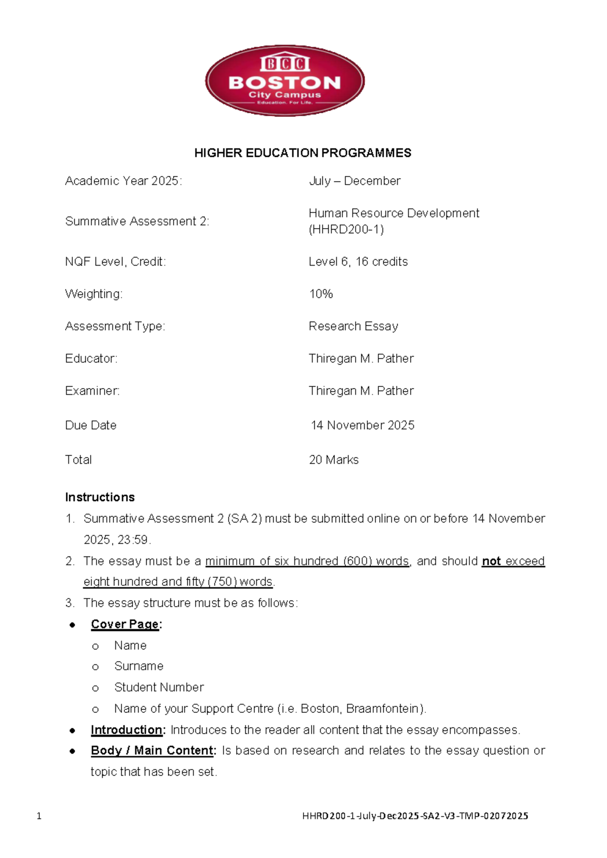HHRD200 July-Dec 2025 Summative Assessment 2: Research Essay Guide ...
