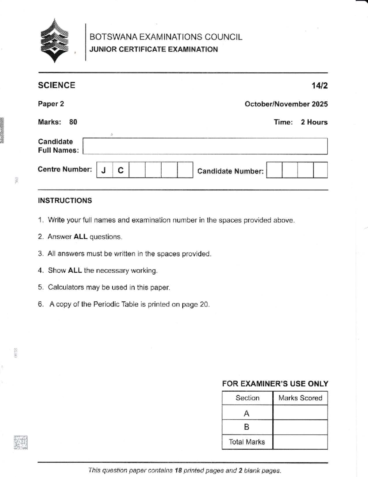 JC Science Exam Paper 2 - Botswana Examinations Council 2025 - Studocu