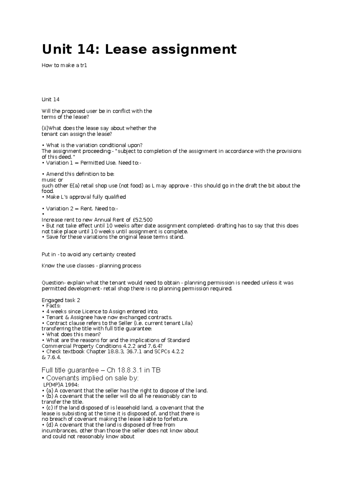 Lease assignment - Unit 14: Lease assignment How to make a tr Unit 14 ...