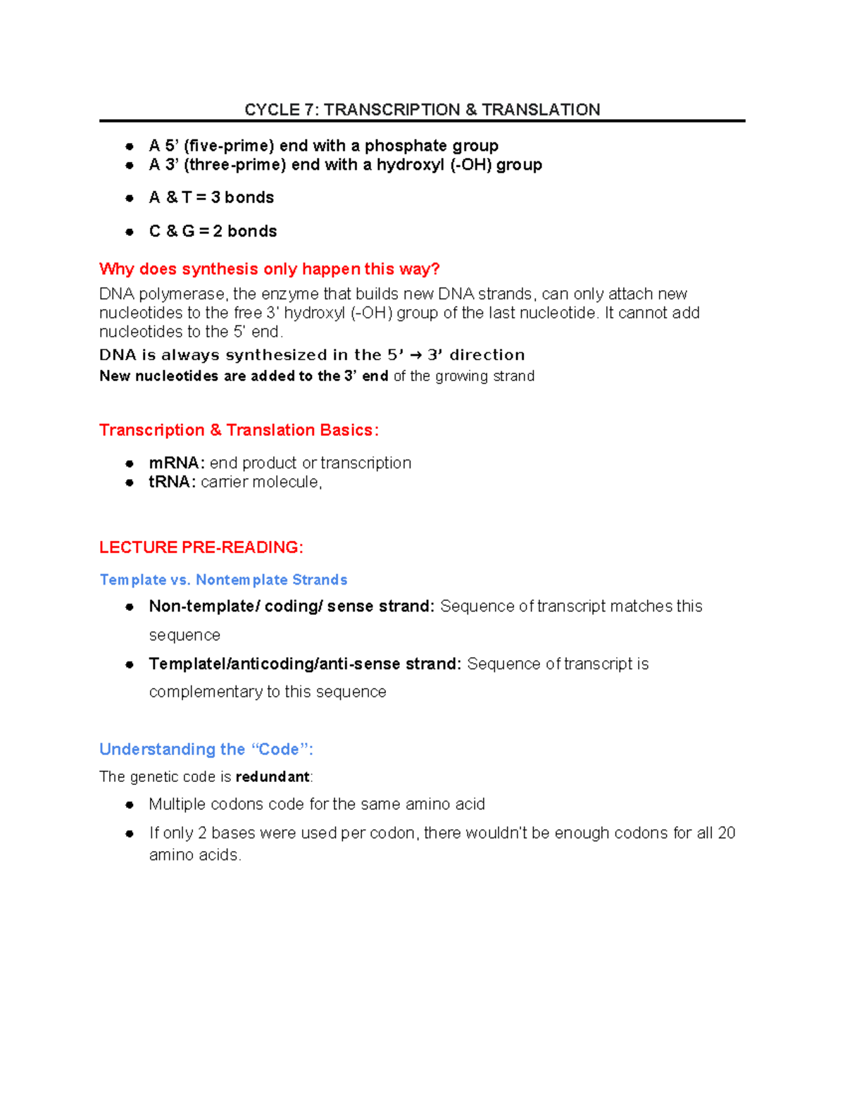 BIO 1003B - Cycle 7: Transcription and Translation Overview - Studocu