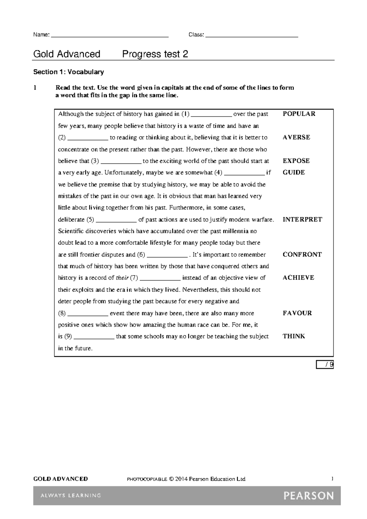 Gold Advanced Progress Test 2 - Vocabulary, Grammar & Listening - Studocu