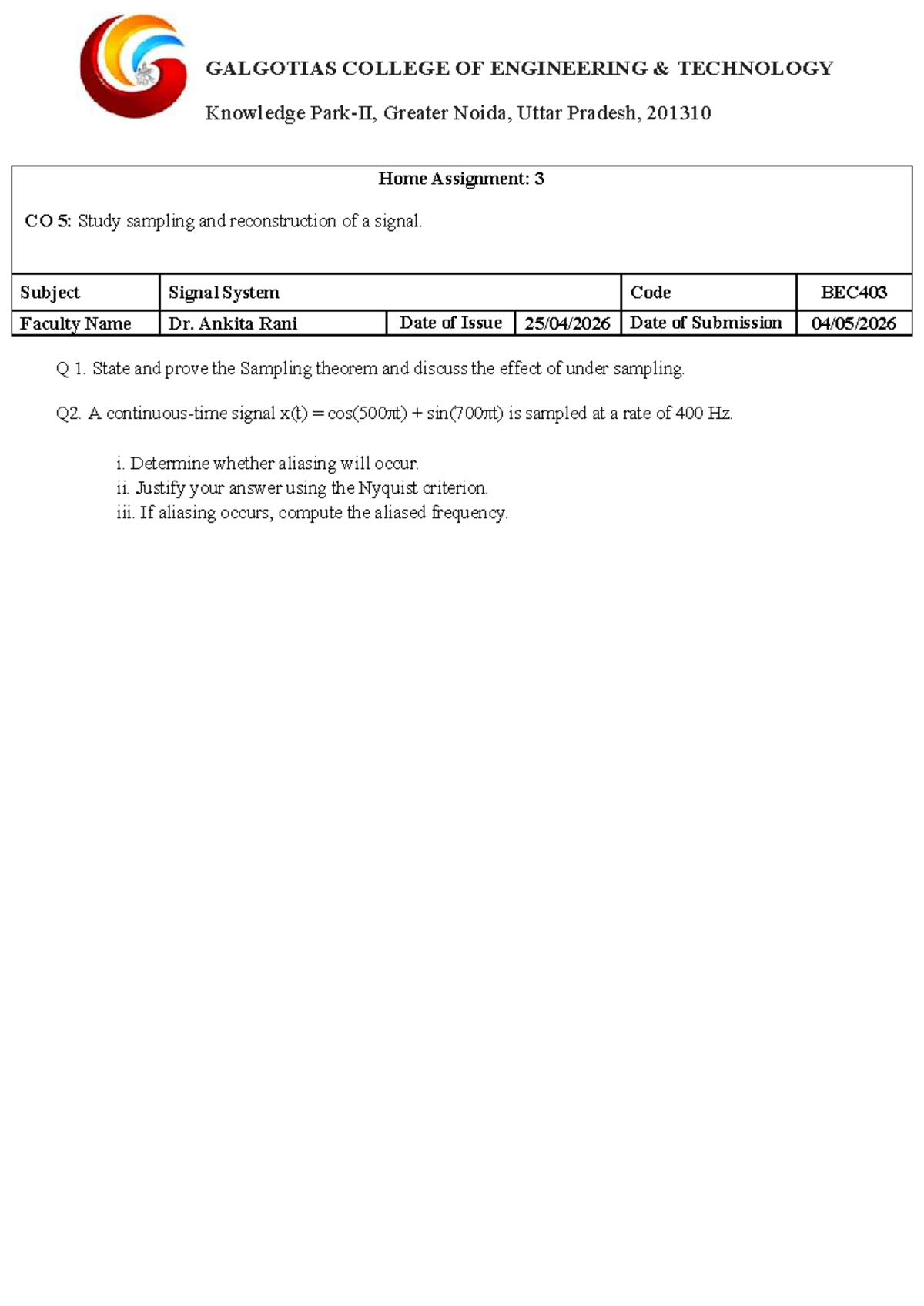 BEC403 HA3 ECE - very important for aktu examinations - GALGOTIAS ...