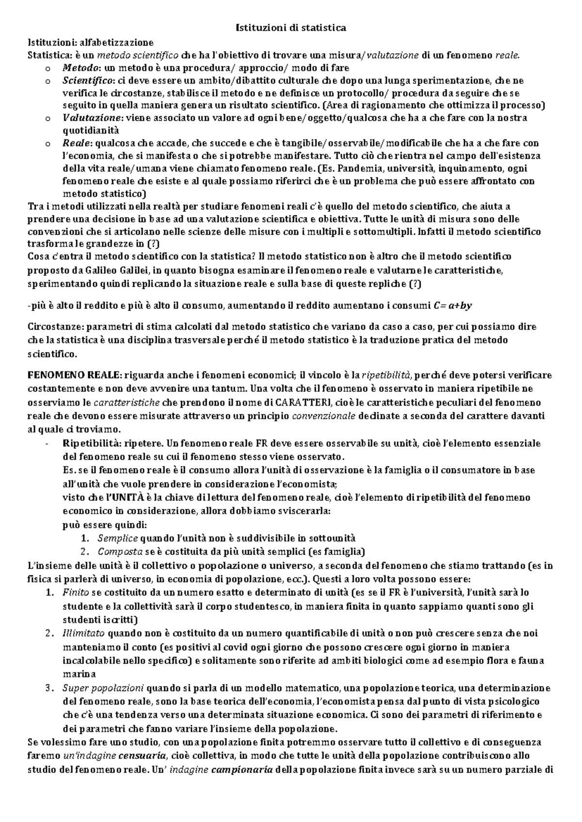 Statistica I: Metodi e Analisi dei Fenomeni Reali - Studocu