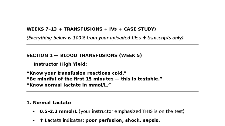Skills Notes Wk 7-13: Blood Transfusions & IV Therapy Case Study - Studocu