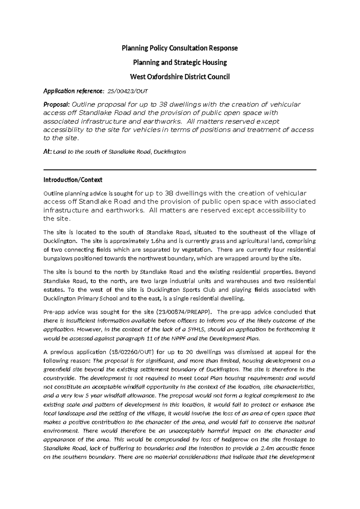 Planning Policy Consultation Response: Outline Proposal for 38 ...