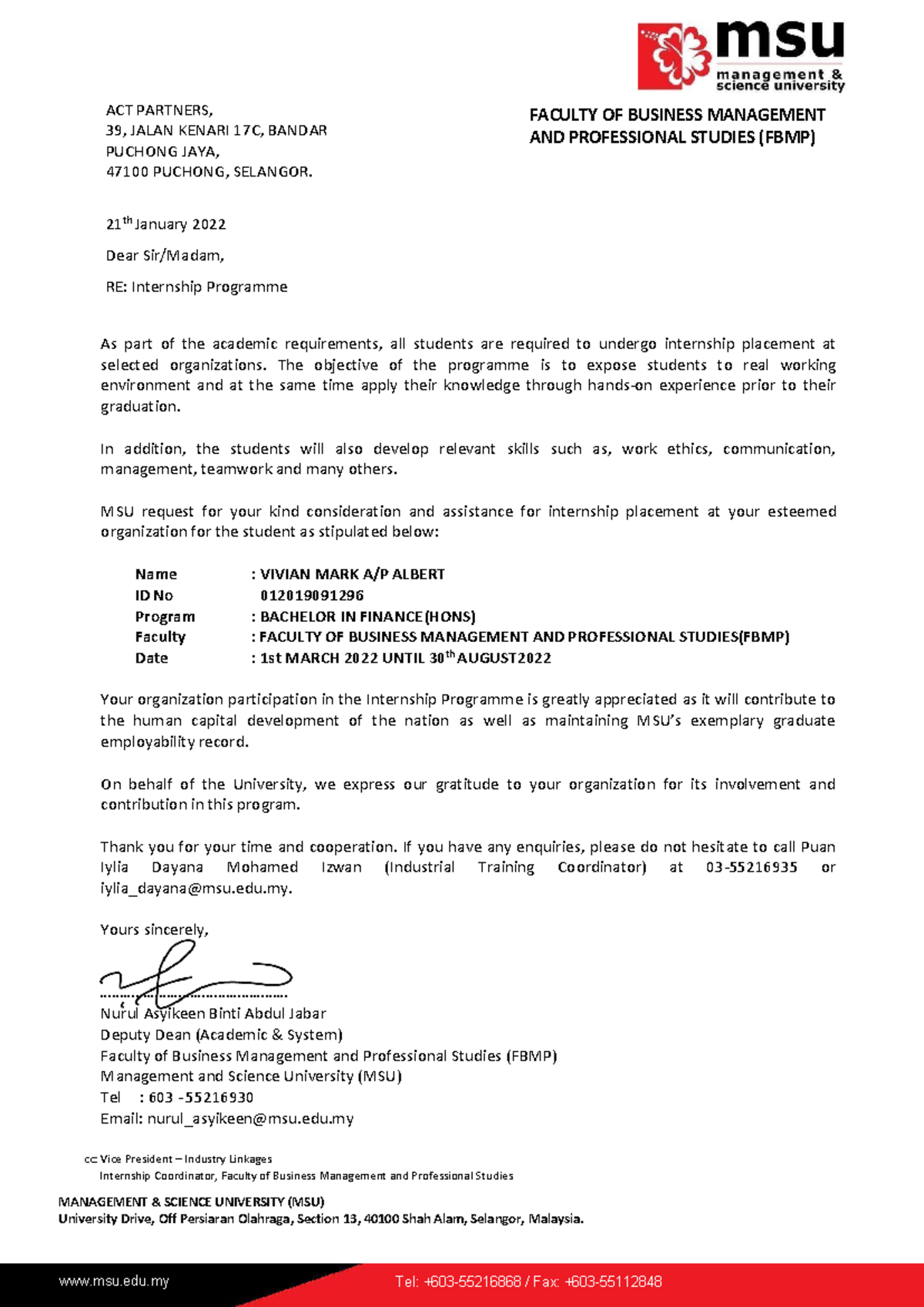 FBMP Internship Placement Request Letter for Vivian Mark A/P - Studocu