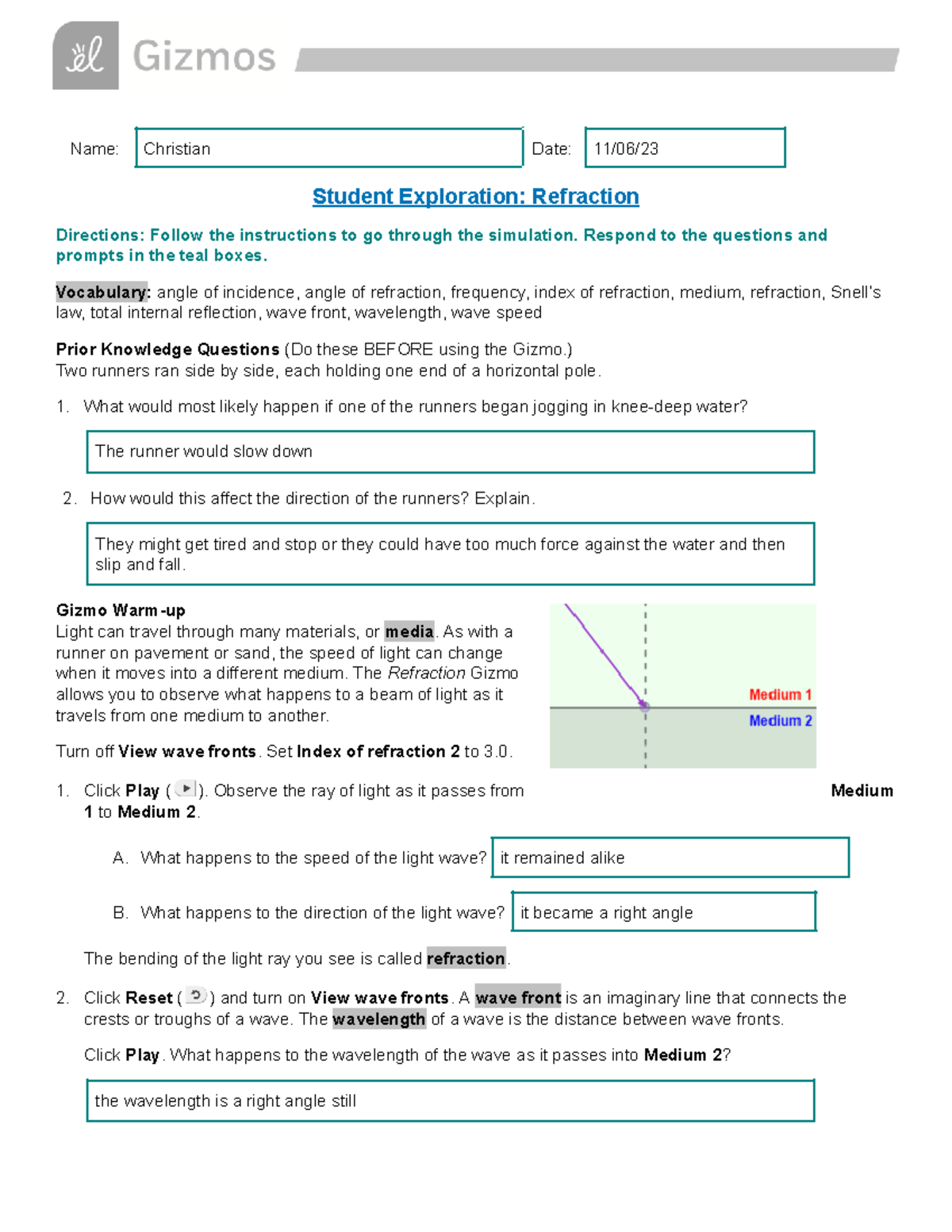 Refraction Assignment: Understanding Snell's Law in Gizmo Exploration ...