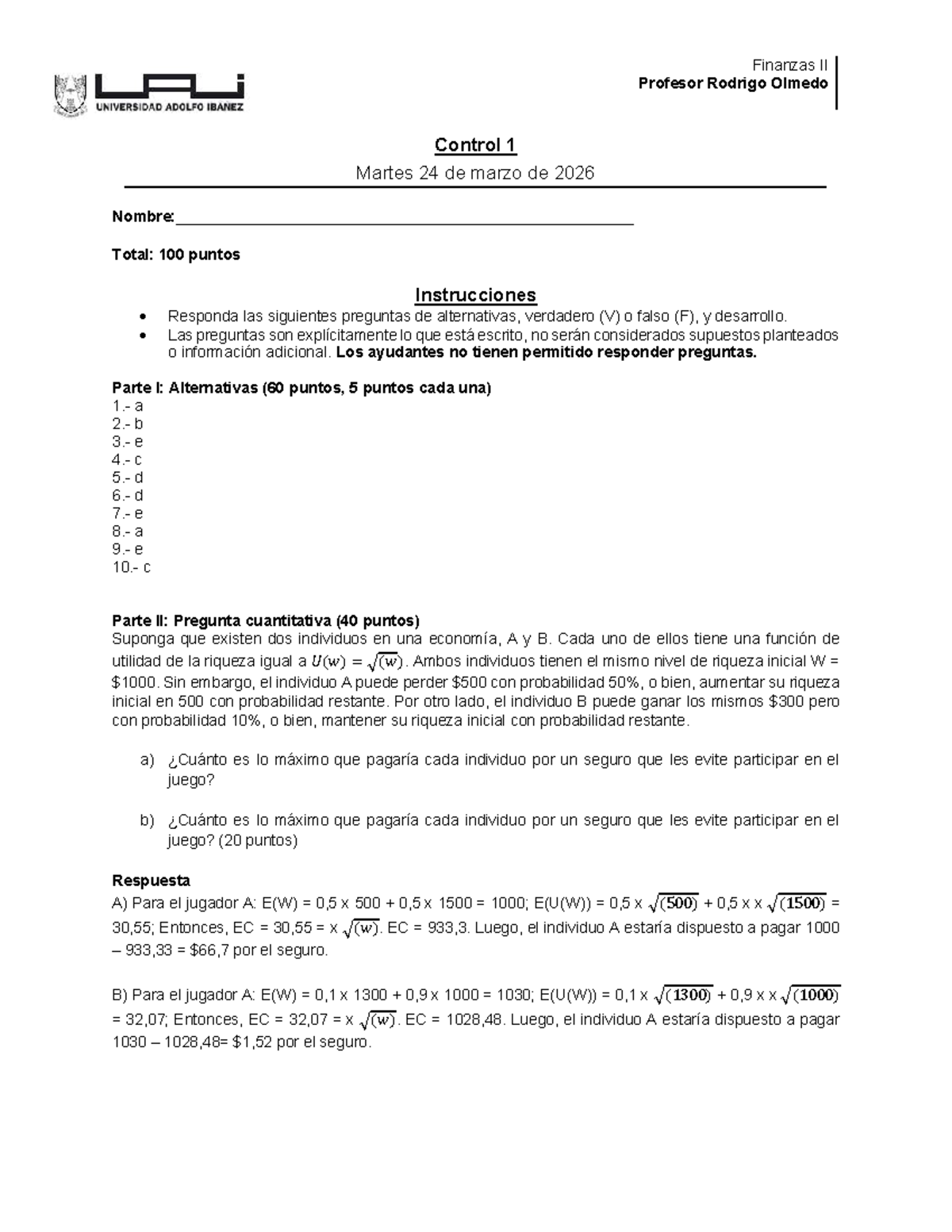 Finanzas II - Control 1 - Profesor Olmedo - Martes 24/03/2026 - Studocu