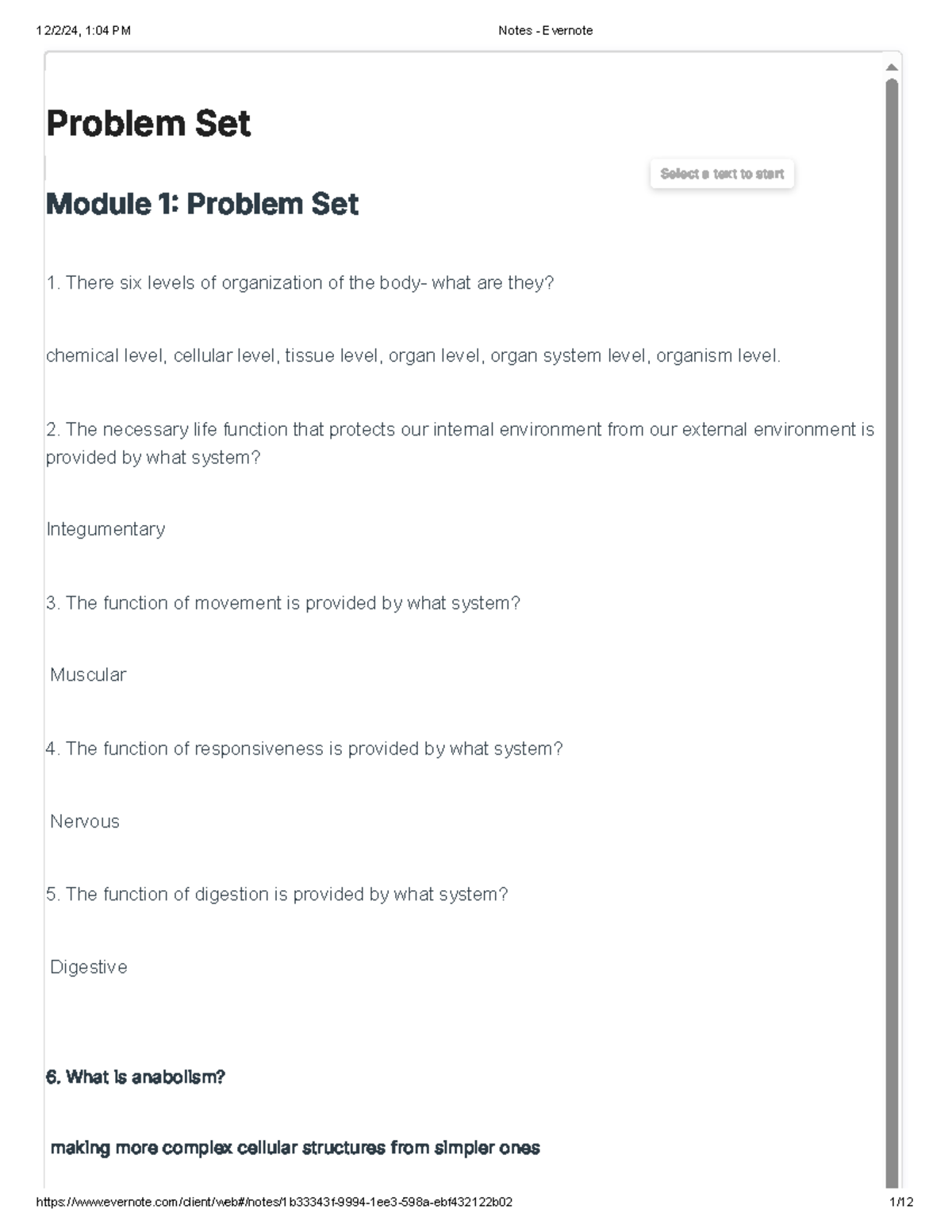 Problem Set - Evernote - Problem Set Module 1 Problem Set 1. There six levels of organization of ...