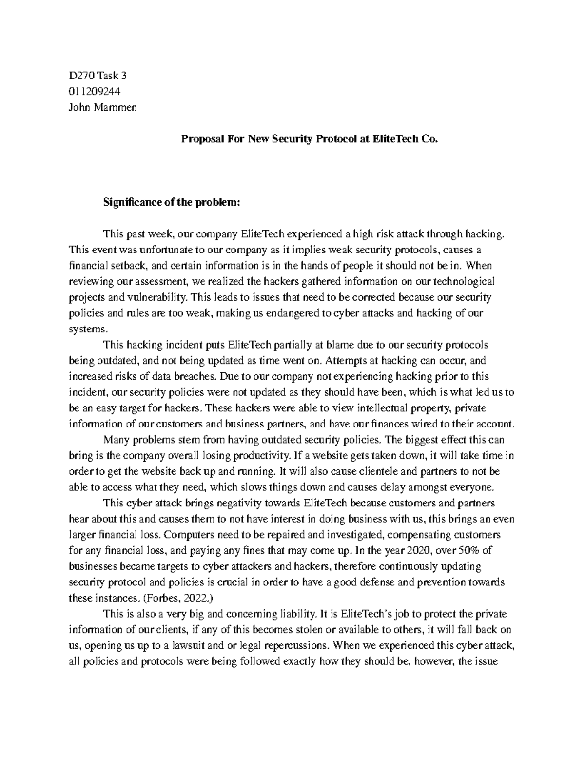 D270 Task 3 Essay - D270 Task 3 011209244 John Mammen Proposal For New ...