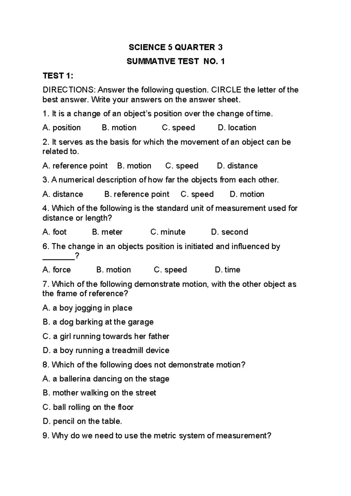 Science 5 Q3 Summative Test No. 1 - Motion and Measurement Concepts ...